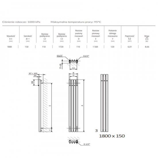 TERMA Grzejnik łazienkowy ROLO HANGER 180x15 biały WGROW180015KJ16SX ...